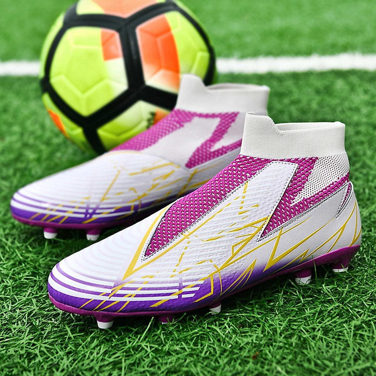 Mens Womens High-Top Soccer Cleats, Teen Football Training Shoes, FG/TF Athletic Shoes Competition & Training for Boys and Girls (Purple,10.5,Women,Men,Medium,9.5)