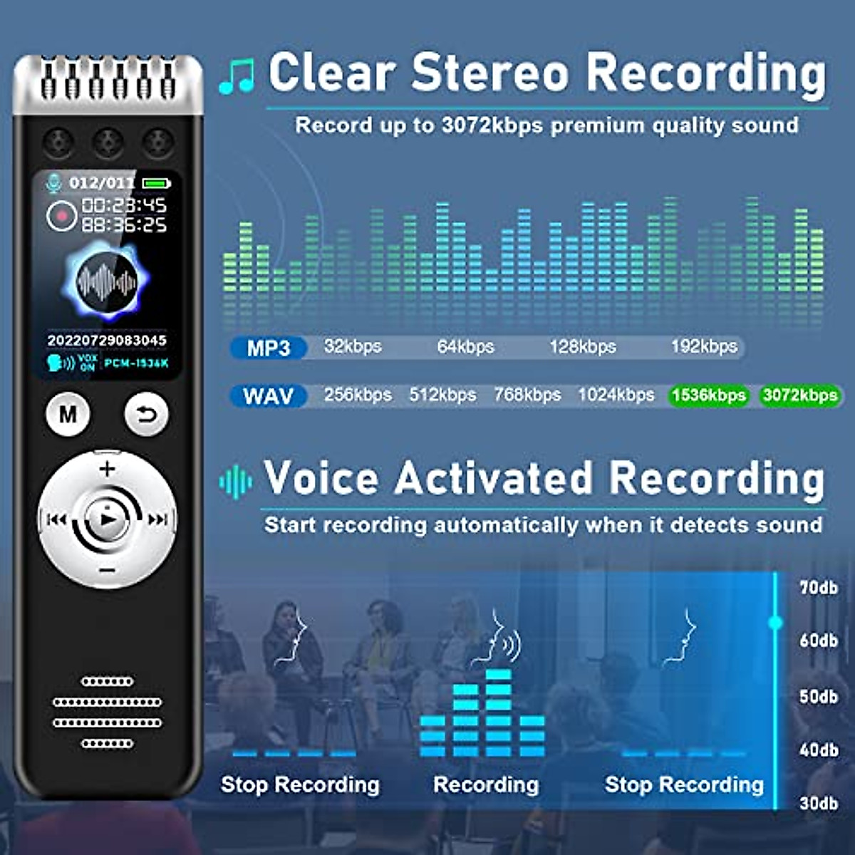 64GB Digital Voice Recorder with 3500Hours Recording 150H Battery Time, Voice Activated Recorder with Playback Sound Tape Recorder for Meeting Lecture, Noise Reduction,3072KBPS,OTG Phone Connection