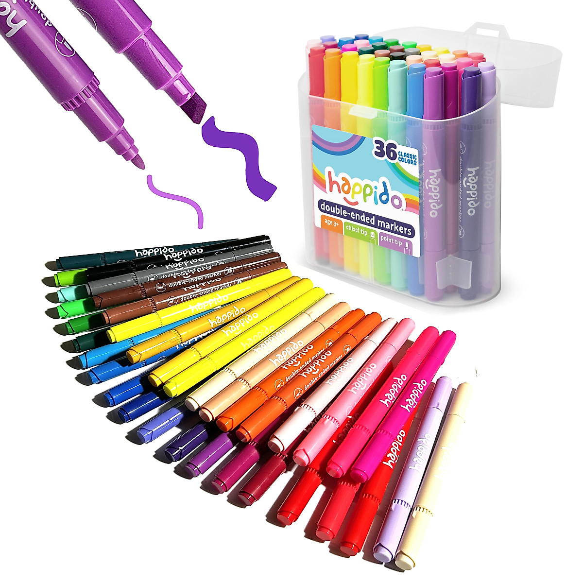 Double Sided Marker Sets for Kids Happido, Set of 36 Water Based Non Toxic Markers with Case, Great School Supplies, Art Supplies and Stationery Set