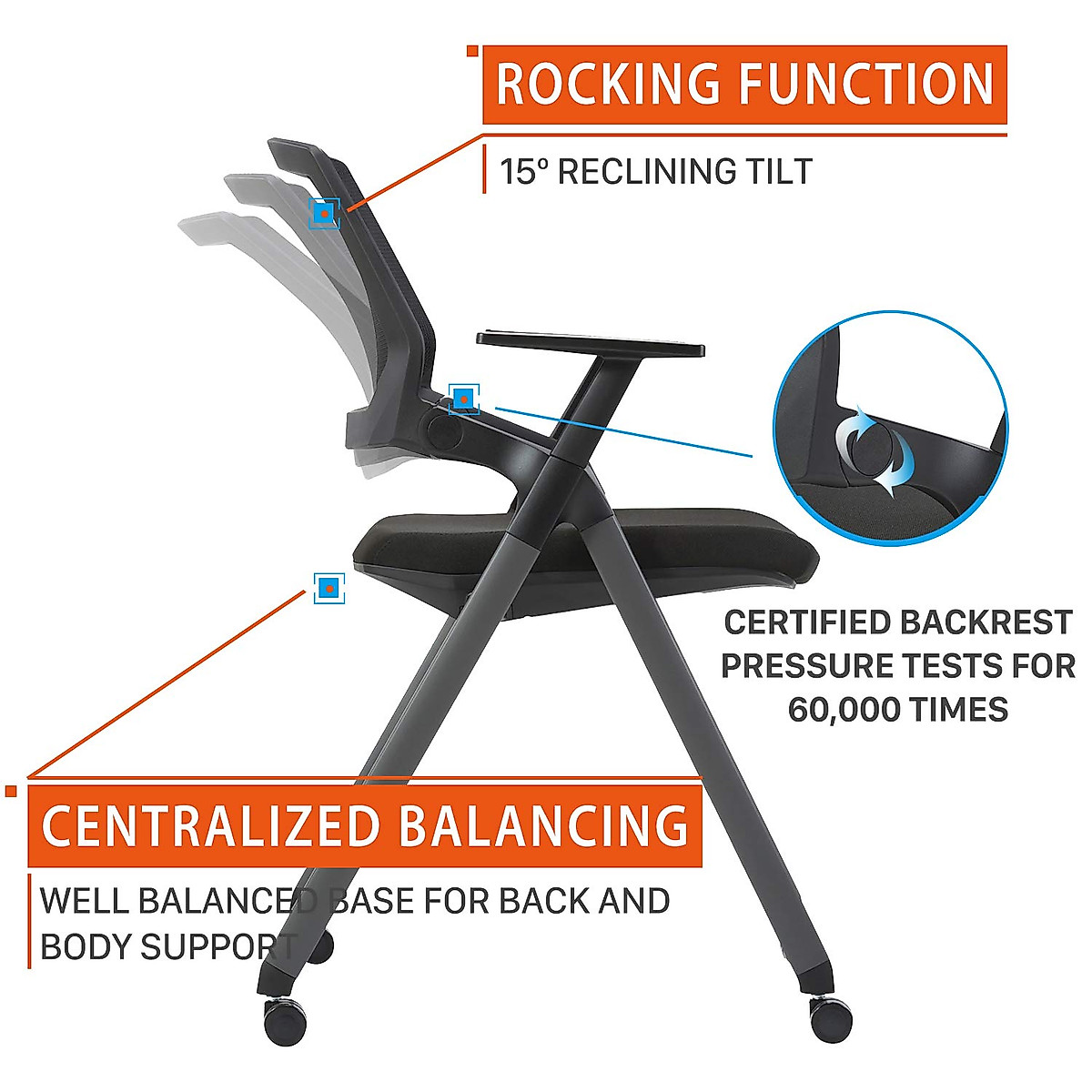 CLATINA Mesh Guest Reception Stack Chairs with Caster Wheels and Arms for Office School Church Conference Waiting Room Black