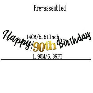 MEDIMQC Black Happy 90th Birthday Banner Sign Gold Glitter 90 Years Birthday Party Decorations Supplies Anniversary Celebration Backdrop Pre-Assembled (Black)