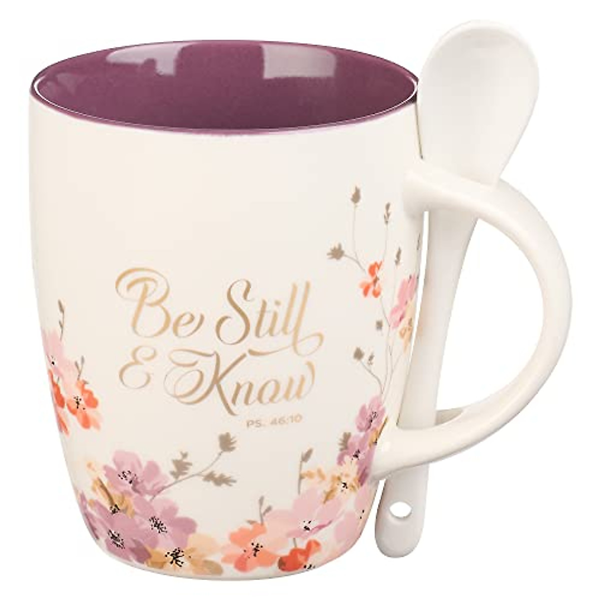 Christian Art Gifts Coffee and Tea Scripture Mug with Ceramic Spoon Set for Women: Be Still and Know - Psalm 46:10 Inspirational Bible Verse Message Hot & Cold Beverage, Purple/White Floral, 12 oz.