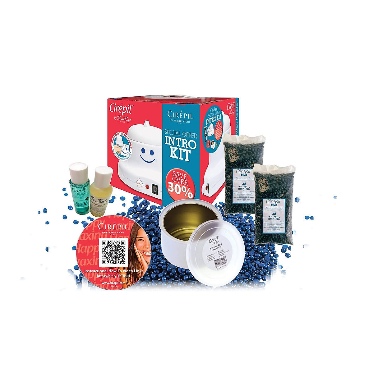 Cirepil - Waxing Kit - At Home Introduction Kit - Heater, Blue wax Beads, Pre & Post products & an Empty Tin - The Best Temperature for your Cirepil Wax