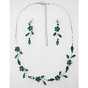Faship Gorgeous Green Rhinestone Crystal Floral Necklace Earrings Set - Green