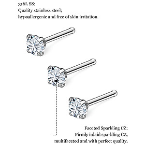 Uzgtvy 18G Nose Rings Stud Nose Ring Piercing Jewelry for Women 316L Stainless Surgical Steel Silver Hypoallergenic Straight Nose Nostril Ring Bar Earrings Stud Bone Piercing Jewelry Pack Men 3mm