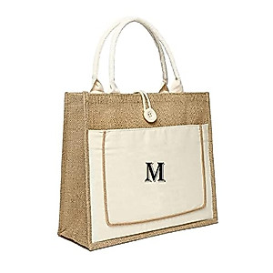 Globyz Jute Bag With White Canvas Pocket And Button Closer Burlap Tote Bag With Initial Tote Present for Birthday And Holiday (M, Large (14H*16L*7W))