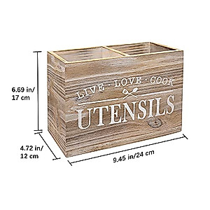 Karisky Kitchen Utensil Holder for Countertop, Farmhouse Solid Real Wood Utensil Caddy with Removable Bottom, 2 Compartments Utensil Crock Flatware Organizers for Kitchen, Nature