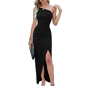 Sarin Mathews Womens One Shoulder Long Formal Dress Sexy Summer Sleeveless Bodycon Ruched Wrap Split Cocktail Dresses Black L