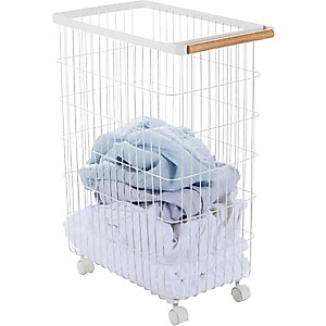 Yamazaki Home Wire Slim Saving Rolling Wheeled Clothing Hamper | Steel + Wood | Laundry Basket, One Size, White