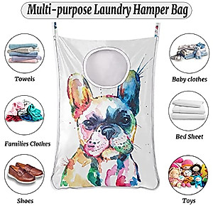 Animal Dog Hanging Laundry Hamper Bag 1 PCS, Watercolor French Bulldog Door Hanging Laundry Basket Dirty Clothes Bag Space Saving with Hooks for Bathroom Bedroom Home Wall Closet