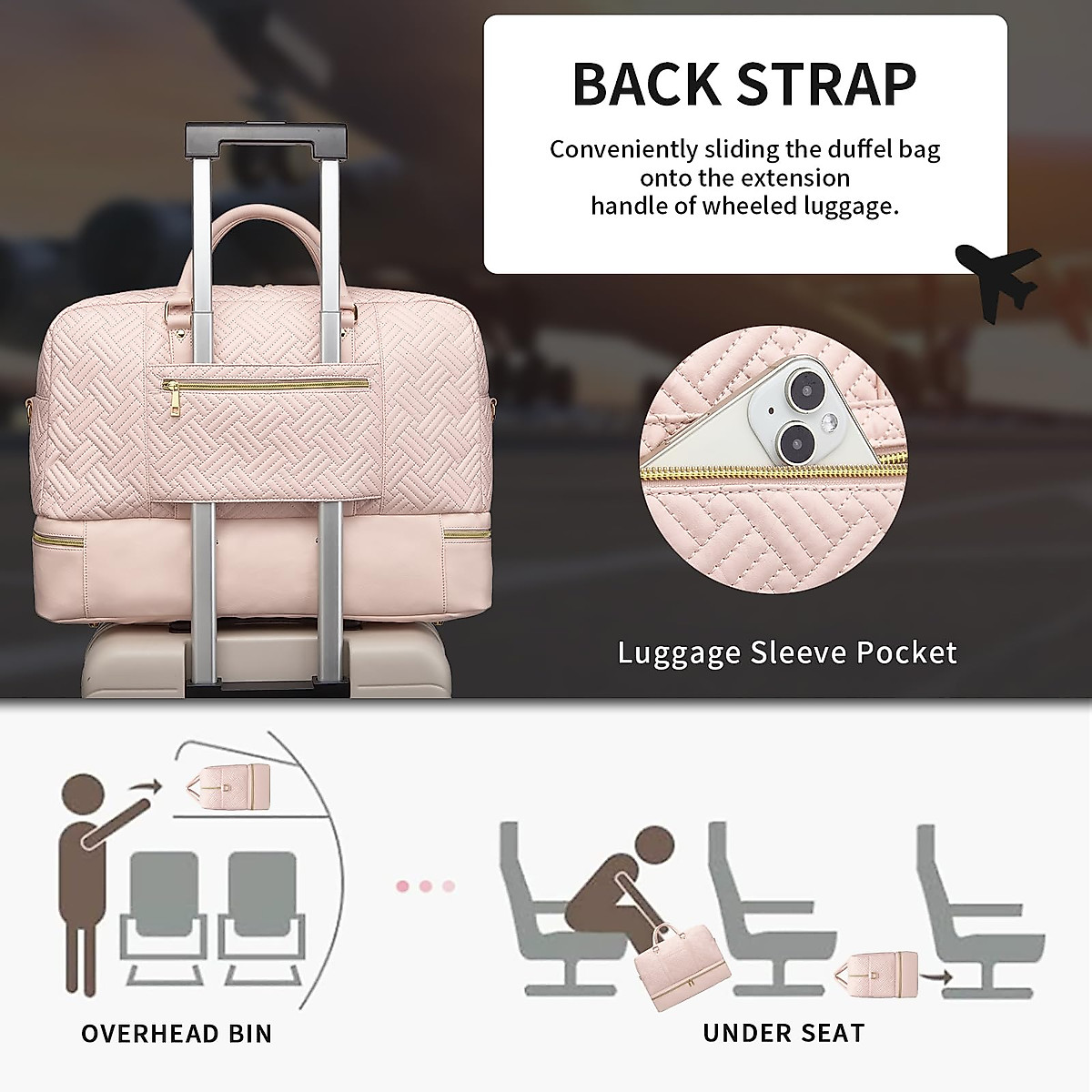 Weekender Bag for Women,Travel Duffel Bag with Shoe Compartment Carry on Overnight Bag with Toiletry Bag Gym Duffel Bag Hospital Bags for Labor and Delivery (3Pcs Set-Pink）