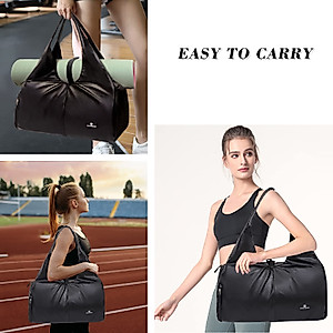 Bounmer Sports Gym Bag Travel Duffel Bag with Dry Wet Pocket and Shoes Compartment for Women, Large Waterproof Foldable Yoga Bag Weekend Bag for Beach Swim Pool Sports Gym (Black)