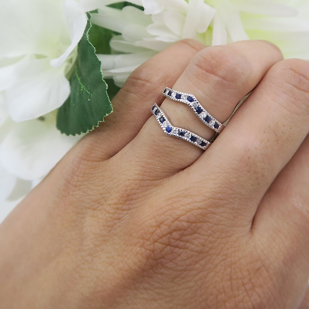 Dazzlingrock Collection 14K White Diamond & Blue Sapphire Women Millgrain Anniversary Wedding Guard Ring, White Gold, Size 7