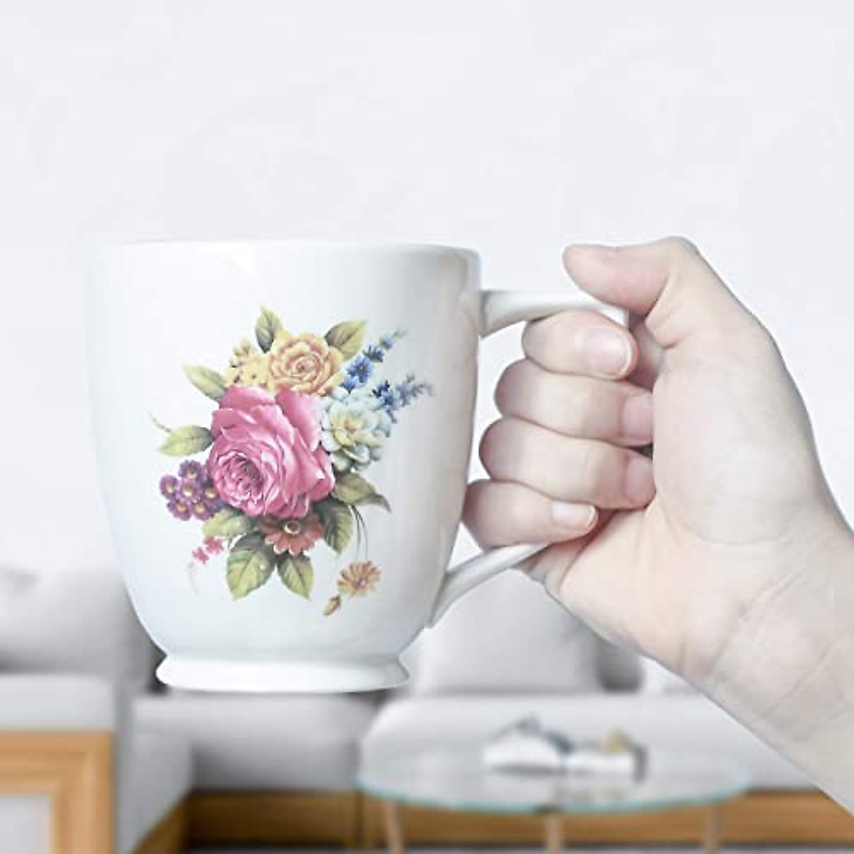 Liphontcta QCH Teagas Porcelain Floral Tea Cup Set Rose Peony Cups Coffee mugs for Women Latte Cups Set of 6/16 oz