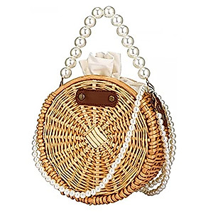 Buric Crossbody Bags for Women Beach Straw Purse Lightweight Women's Crossbody Handbags Fashion Pearl Shoulder Bag Retro Straw Handmade Bag Summer Basket Purse (Round)