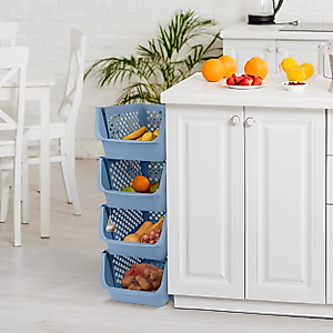 Spec101 Plastic Stackable Storage Bins - 4pc Blue Closet Organizer Bins 28in Tall Big Plastic Boxes for Home and Kitchen