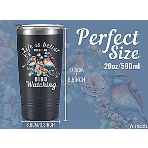 Onebttl Bird Watching Tumbler for Lovers & Watchers, 20oz Stainless Steel Insulated With Lid & Straw, Gift Card & Box Included, Best Birthday Gift - Black