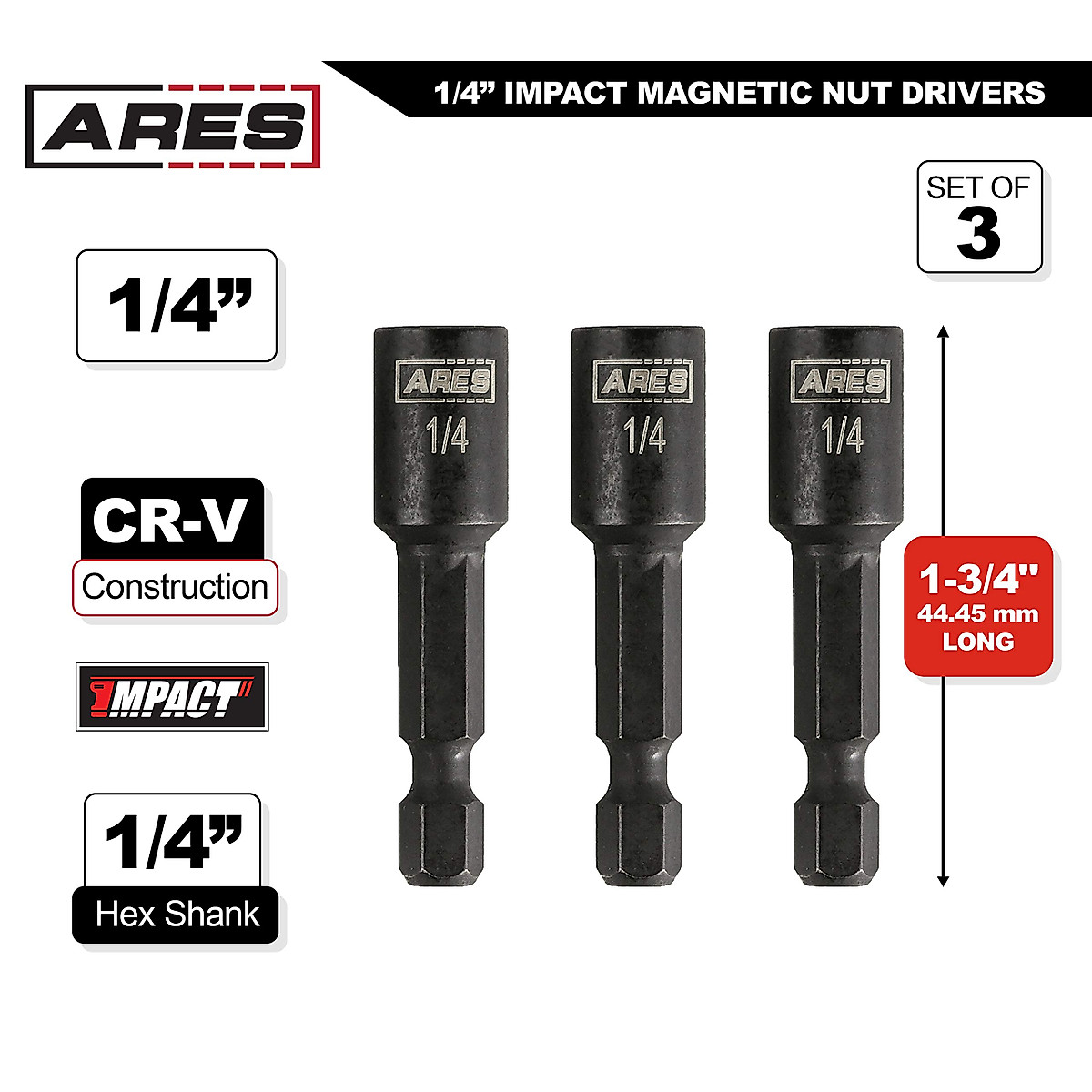 ARES 27012-3-Piece 1/4-Inch Magnetic Impact Nut Driver Bit Set - 1 3/4-Inch Length - Impact Grade Nut Setters with Industrial Strength Magnets