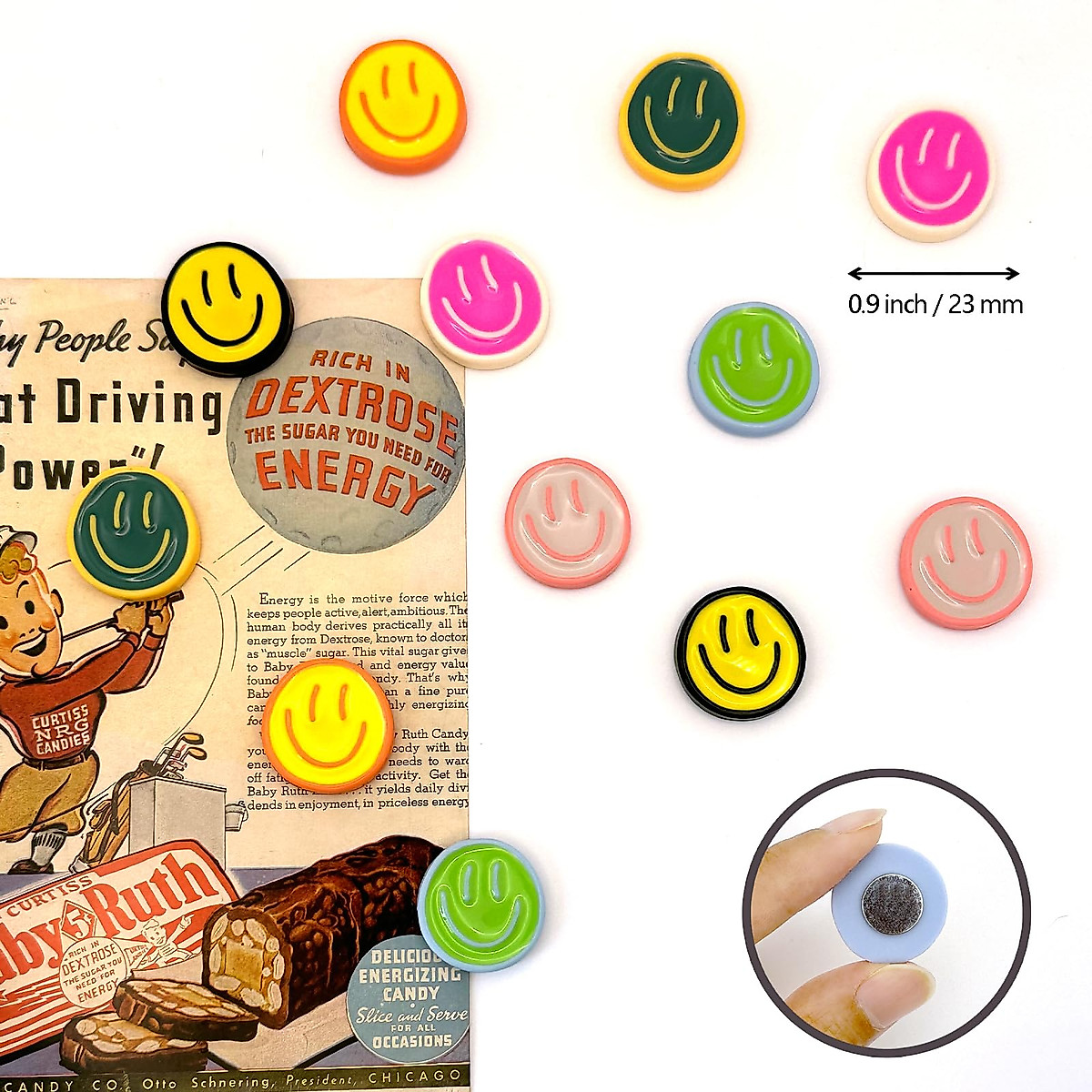 KROYSEA 12PCS Strong Fridge Magnets, Colorful Decorative Smiling Face Refrigerator Magnets, Cute Whiteboard Magnets, for Office Cabinets and Dishwasher