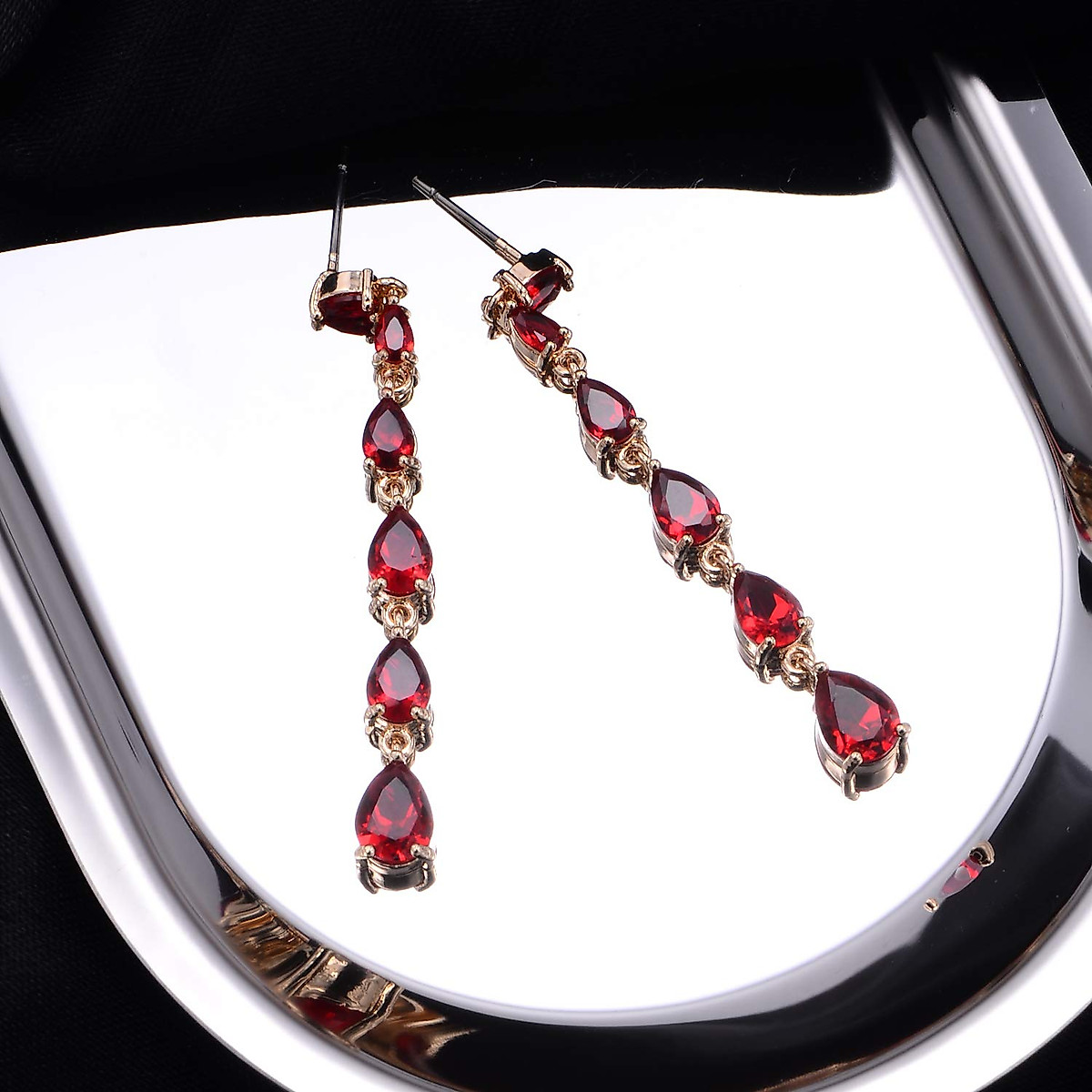 Red CZ Linear Earrings for Women Sterling Silver Teardrop Cubic Zirconia Crystal Rhinestone Bridal Dangle Drop Post Earrings for Wedding Prom Party