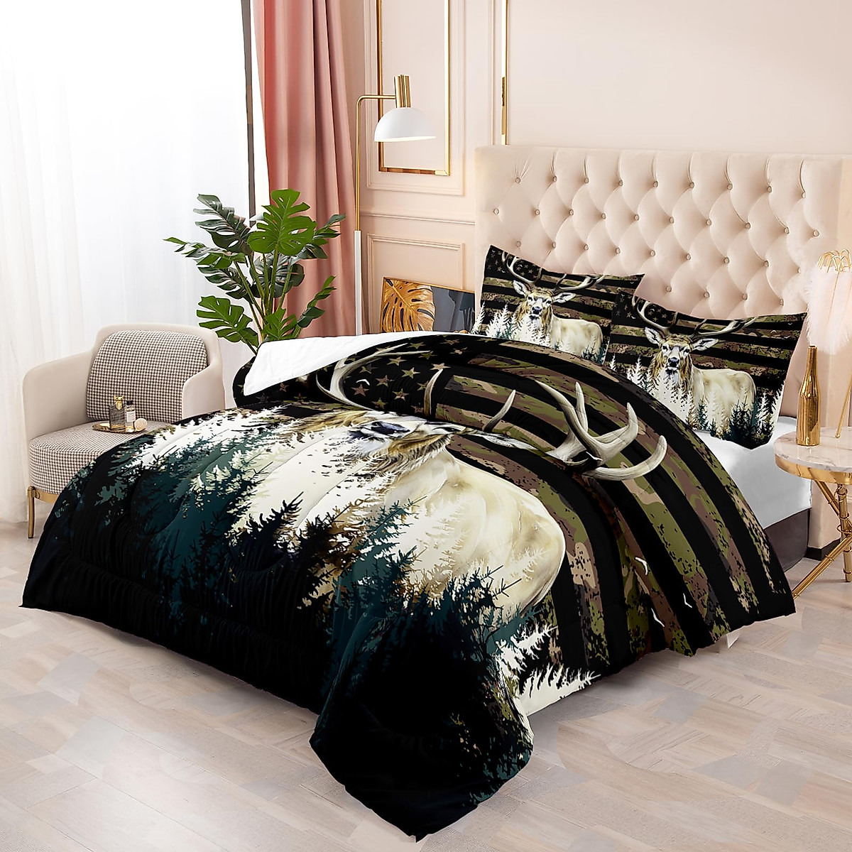 Ntlfup Deer Comforter Sets for Boys Kids Teens American Flag Camo Bedding Sets, Full Size Western Farmhouse Wild Animal Quilt Black White Home Decor 3 Pcs with 1 Comforter 2 Pillowcase