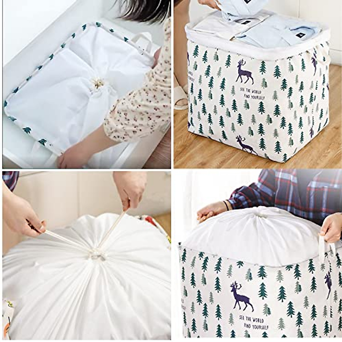 RUIBOER Clothes Storage Bag, 2 Pack Large Organizers set Cotton and linen Collection for Blankets socks dresses Comforters Bedding Clothing Pillow Reinforced Handle Thick Fabric (Bins)