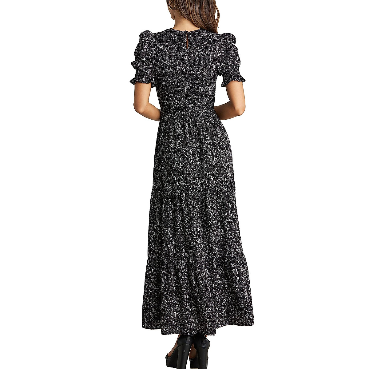 BTFBM Women Casual Summer Dresses 2025 Spring Crew Neck Ruffle Short Sleeve Floral Print Smocked Boho Flowy Maxi Dress(Floral Black White, Large)