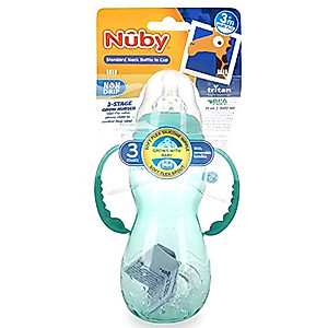 Nuby New 3 Stage Ultra Durable Tritan Grow with Me No-Spill Bottle to Cup, 10 Oz, Teal, 80387