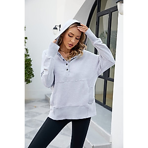 YMYDYFC Women Casual Oversized Hoodies Button Down Shirt V Neck Henley Sweatshirt Pullover Hooded Tops with Pockets Light Gray Small
