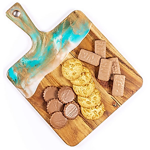 Large wooden charcuterie Board, Paddle 11.5 in x 11.5 in plus 5in Handle, Serving Platter, Cheese Board and Knife Set in Gift box. Charcuterie board, Handmade Ocean themed Epoxy Resin