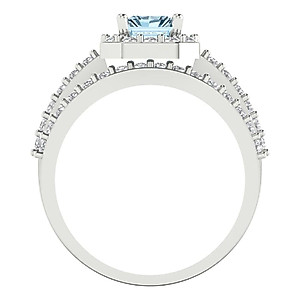 Clara Pucci 2.3 ct Emerald Cut Halo Solitaire Natural Aquamarine Designer Art Deco Statement Wedding Ring Band Set 18K White Gold 8.5
