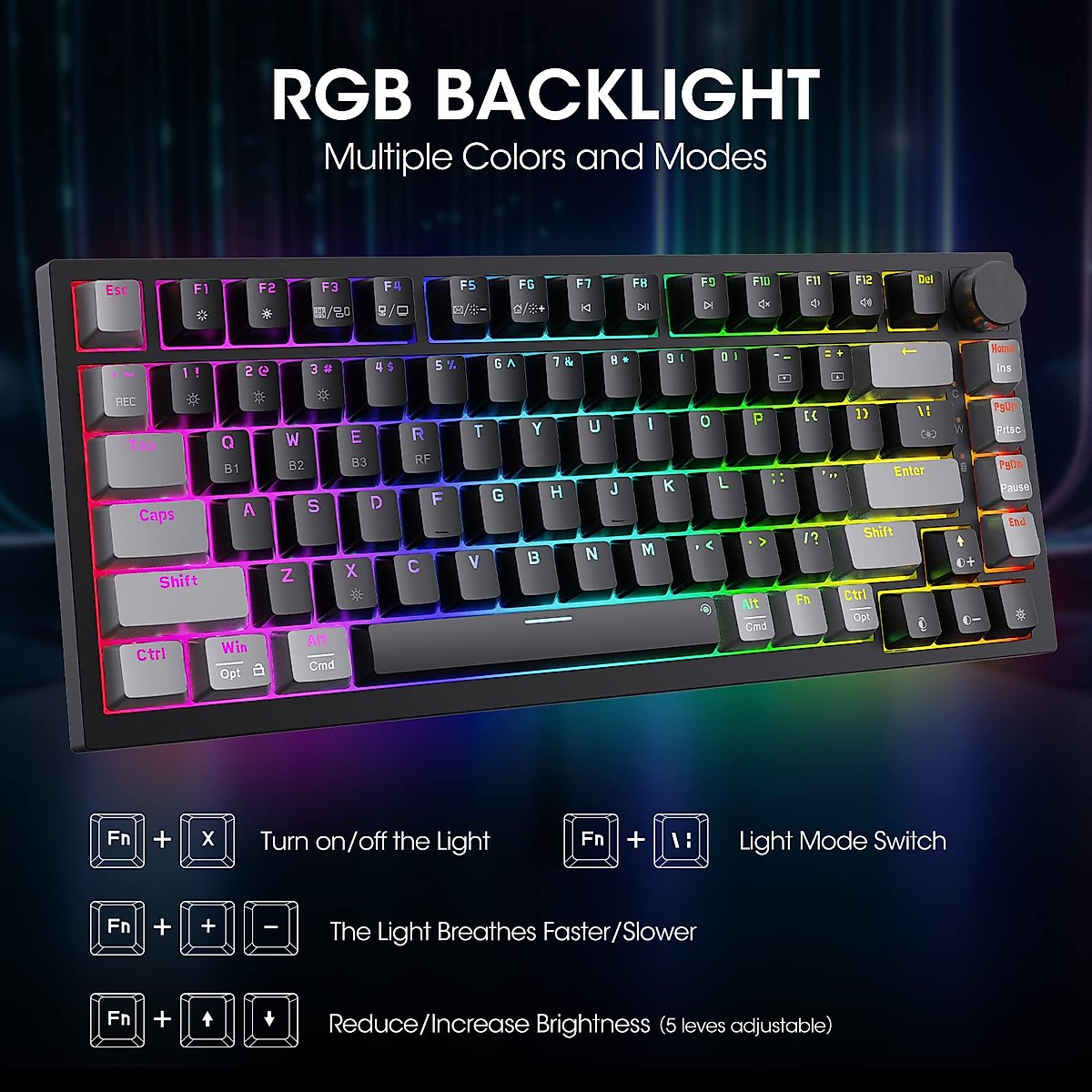 KOORUI 75% Wireless RGB Gaming Keyboard,3 Mode BT/2.4Ghz/USB-C Hot Swappable Mechanical Keyboard,Compact 82 Keys with 4000mAh Battery & Dedicated Knob Control,Tactile Brown Switch