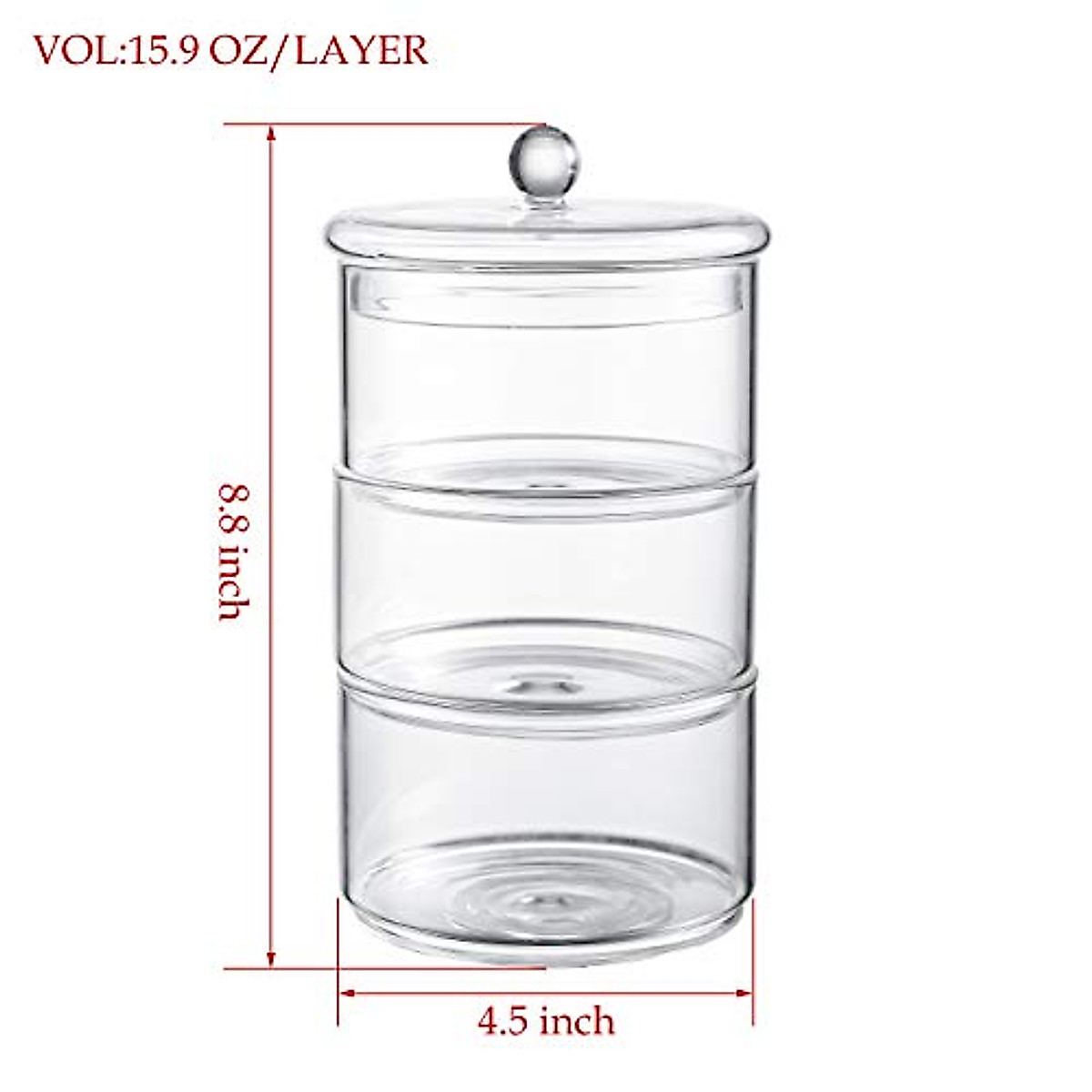 KMWARES Small 3 Tier/Level Stackable Round Glass Storage Container/Canister/Organizer/Apothecary Jar Set with Lid - Nice for Snack/Candy/Cookie Display or Kitchen/Bathroom Decoration (Clear)