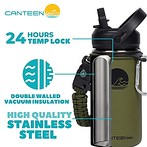 Canteenies Kids Water Bottle for School, 14 Oz, Straw Lid, Stickers, Scrunchie, Vacuum Insulated Stainless Steel Double Walled, BPA Free Food-Safe, Leak-Proof Tumbler Travel Cup For Boys