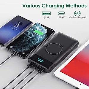 Wireless Portable Charger 30,800mAh 15W Wireless Charging 25W PD QC4.0 Fast Charging Smart LED Display USB-C Power Bank, 4 Output & 2 Input External Battery Pack Compatible with iPhone, Samsung etc