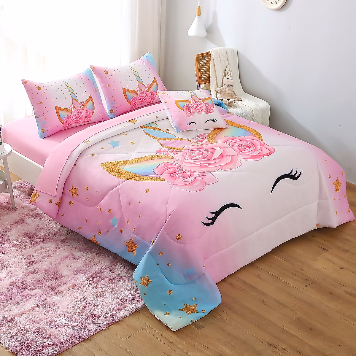 Keyroal 6Pcs Queen Comforter Set with Sheet,Unicorn Flower Bedding Set for Kids,Pink Rainbow Bed in a Bag Bedding for Girls-Smile Unicorn