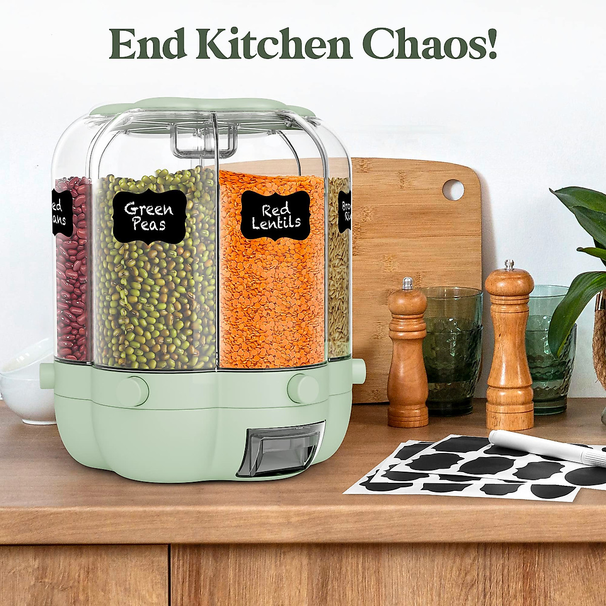 Rice Dispenser 25 Pounds, Kitchen Storage with Chalk Labels and Measuring Cup, Grain Dispenser, 6 Compartment Rice Storage Container, Rotating Food Dispenser for Sunflower Seeds, Popcorn Kernels