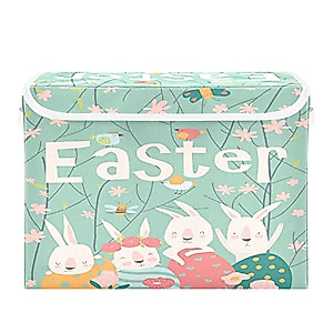 DOMIKING Easter Eggs Bunny Large Storage Bin with Lid Collapsible Shelf Baskets Box with Handles empty gift basket for Nursery Drawer Shelves Cabinet
