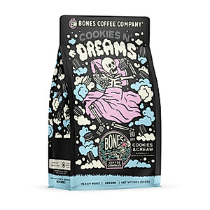 Bones Coffee Company Cookies 'N Dreams Ground Coffee Beans Cookies & Cream Flavor, Low Acid Flavored Coffee, Made with Arabica Coffee Beans, Medium Roast Coffee, Coffee Lover Gift Ideas (12 oz)