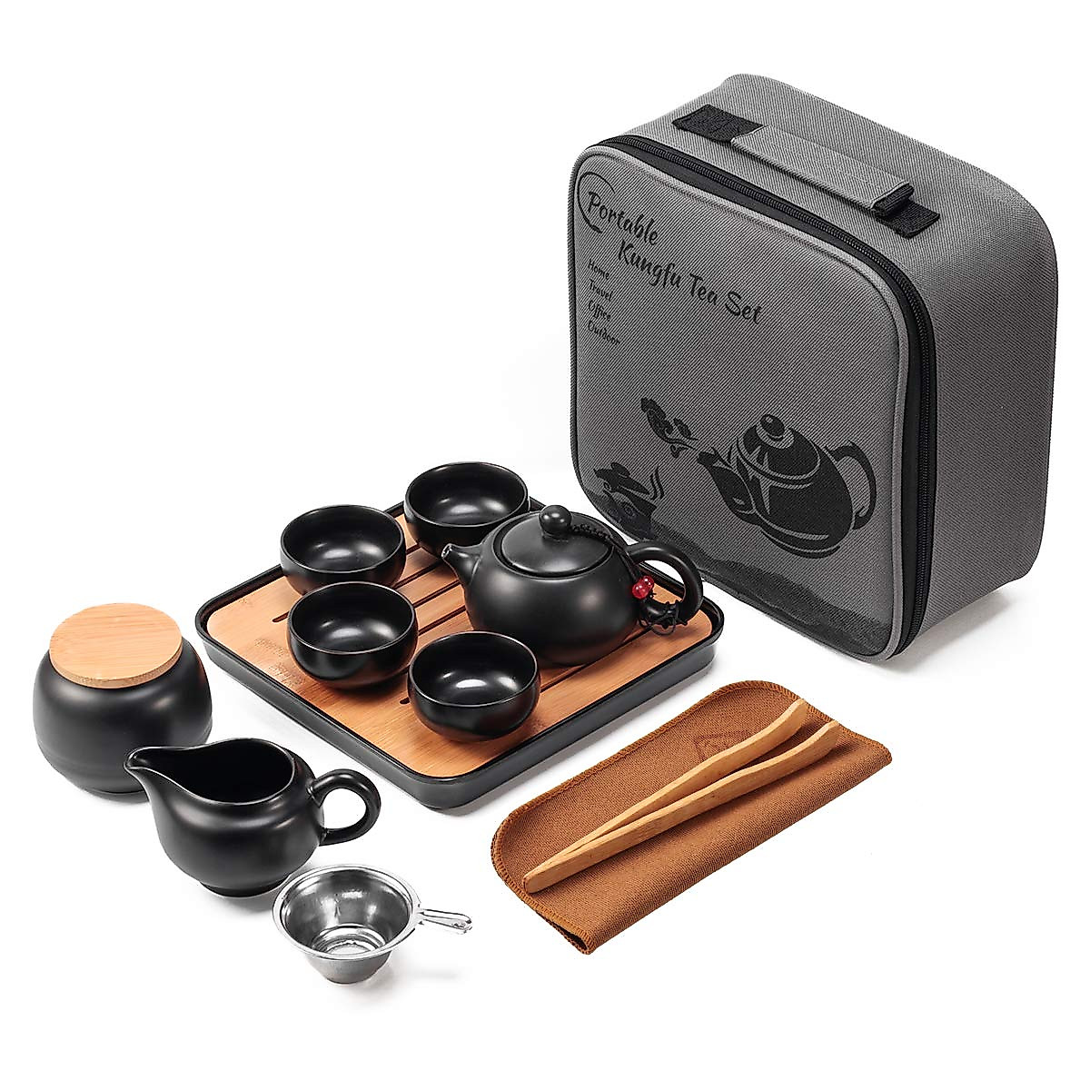 Lyty Chinese Tea Pot Cup Set with Tray Infuser - Travel Ceramic Tea set Porcelain Teapot, Portable All in One Gift Bag for Outdoor Picnic Business Hotel (Black)