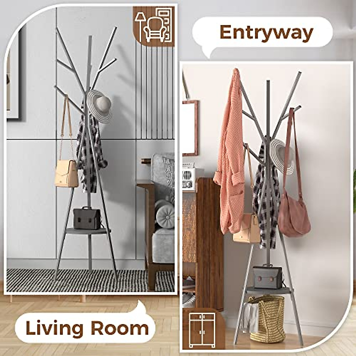 MULSH Standing Coat Rack Hat Hanger Coat Rack Hooks Coat Rack Hall Tree Entryway Standing Hat Jacket Coat Hanger Rack in Grey,17.72" W x 17.72" D x 73.46" H