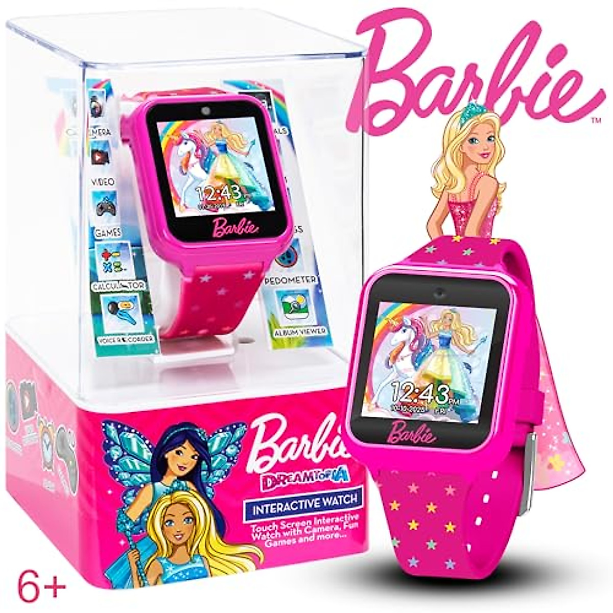 Barbie Kids Smart Watch - Interactive Touchscreen with Games, Selfie Camera, Step Tracker, Alarm, and Stylish Printed Silicone Strap - Fits Wrists 5.5" to 8.5"