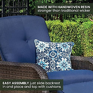 Hanover Strathmere Outdoor Recliner Chair with Thick Foam Weather-Resistant Navy Blue Cushions, Steel Frames, Brown Wicker, Luxury Outdoor Recliner for Patio, Deck, Backyard, or Porch