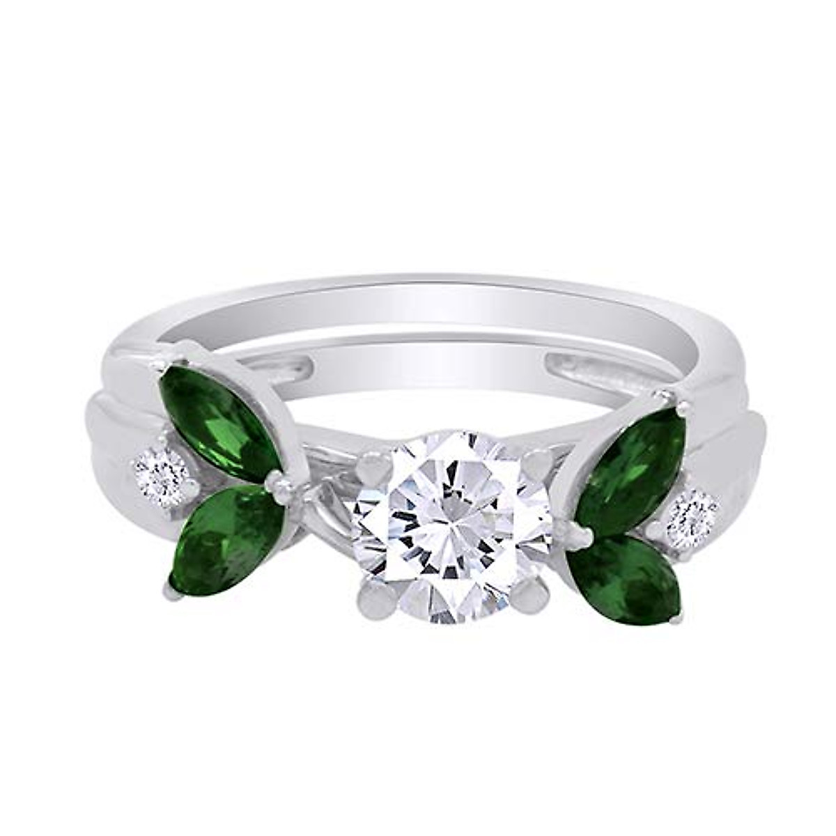 0.84 Carat Simulated Green Emerald & Cubic Zirconia Enhancer Guard 14K White Gold Over Sterling Silver Ring Size-6
