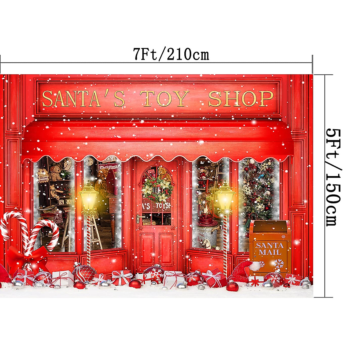 DePhoto Red Christmas Photo Backdrop Santa's Toy Shop Candy Cane in Snow World Xmas Family Holiday Party Banner Photography Background Supplies Decor Studio Prop PGT673A 7x5ft