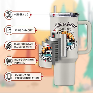 Uibunoo Gift Idea for Campers, Life Is Better at the Campsite Tumbler with Handle, 40 Oz Stainless Steel Camp Tumbler, Camper Gifts for Campers Women Men, Camping Lovers, Camp Gift for Birthday