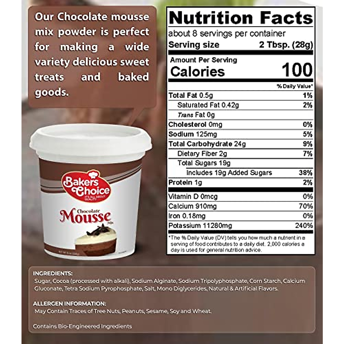Chocolate Mousse Mix Powder - For Mousse Cups, Chocolate Mousse Cake, Ice Cream, Milkshakes, Desserts, Fruit Shakes and Truffles - Dairy Free, Kosher - 8 oz. - By Baker’s Choice