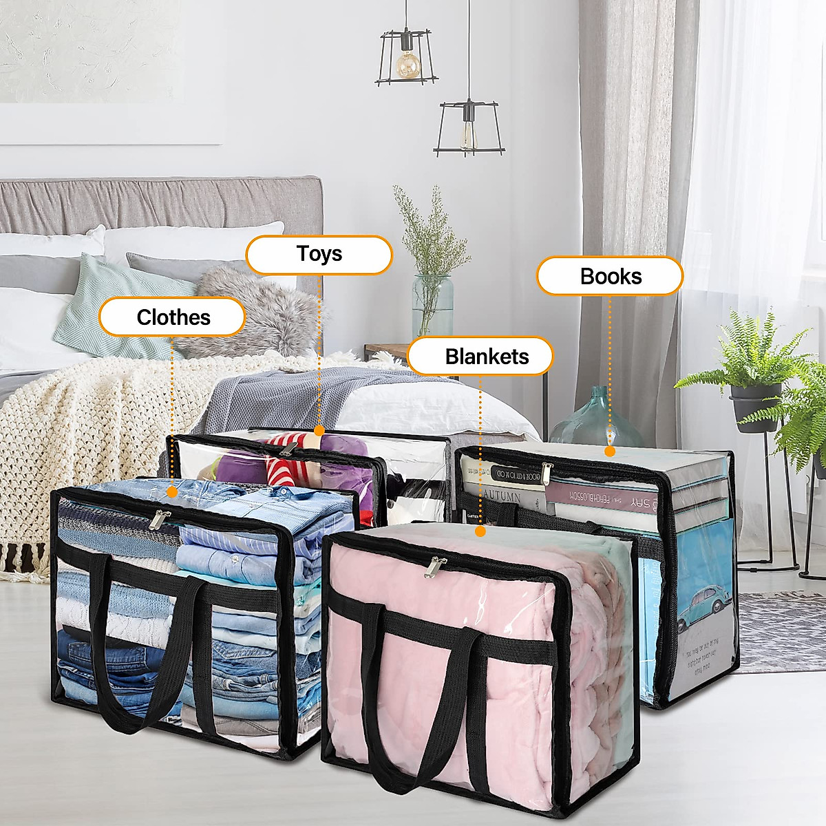 Fixwal 4 Pack Clear Clothes Storage Bags Organizer, 60L Moving Storage Totes with Sturdy Zipper, Bedding Storage Containers with Reinforced Handles for Blankets Comforter Space Saver(Black)