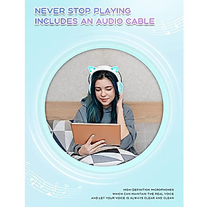 VuyKoo Bluetooth Headphones with Microphone/RGB LED Light Up, Cat Ear Wireless Headphones, Stereo Gaming Headset for Cellphone/PC/Laptop/Tablet/TV Kids Girls & Boys Teens/Birthday Gift (Green)