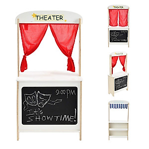 labebe - Wood Puppet Theater, Flannel Curtain Puppet Stage Theater, 2-Sided Tabletop Puppet Stage Chalkboard, 2-in-1 Puppet Theater Reversible Play Store, Multi-Function Theater for Ages 3 and up